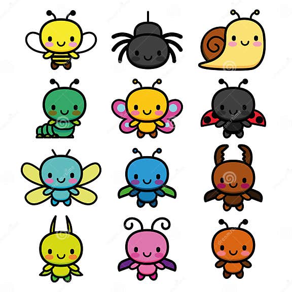 Set of Cartoon Cute Bugs Isolated Stock Illustration - Illustration of ...