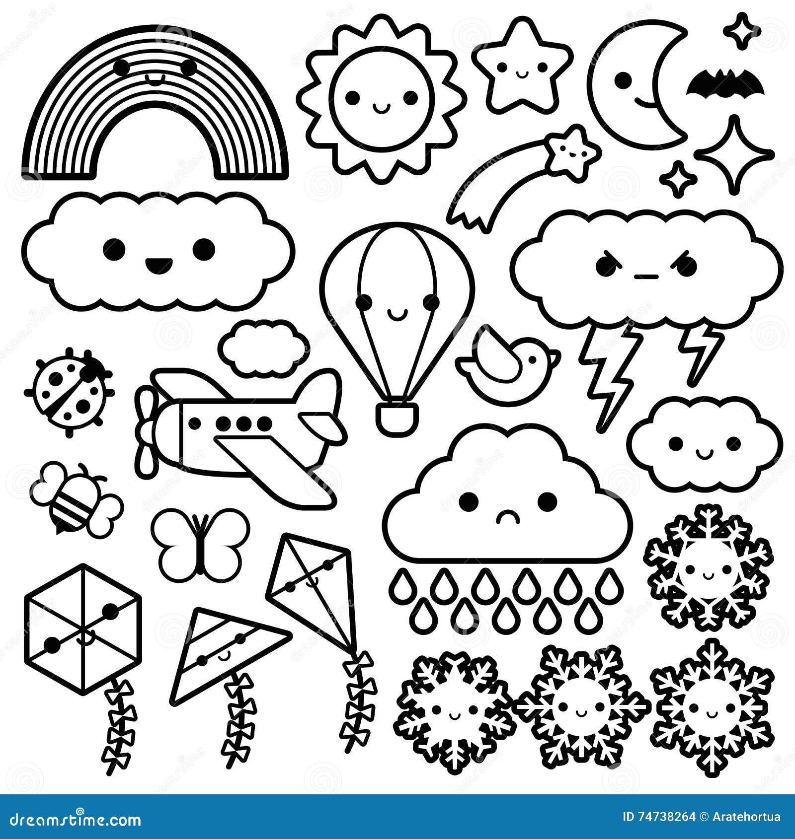 Set Cartoon Cute Sky Icons Isolated Stock Illustration - Illustration ...