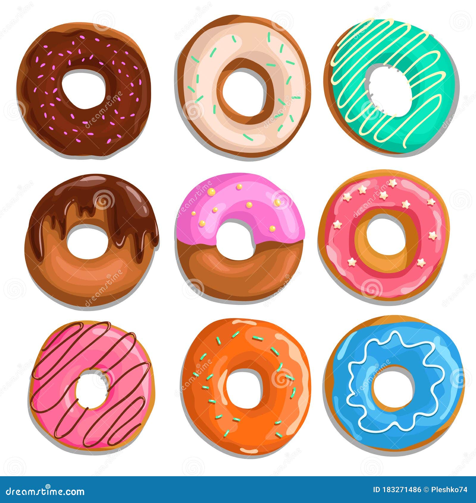 Set of Cartoon Donuts. Top View. Comic Style. Different Types, Glazed, with Sprinkes, Iced and ...