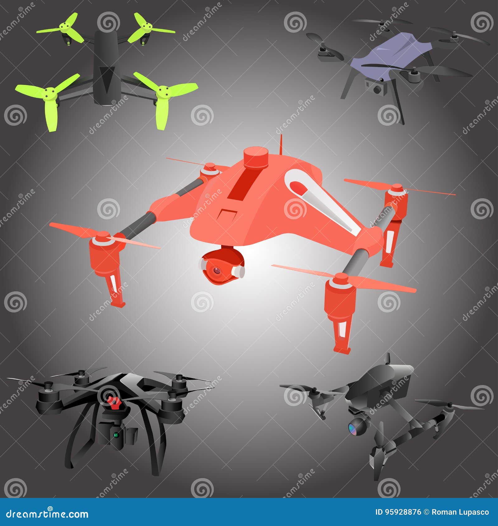 Set of Cartoon Drones. Isometric. Vector Illustration. Stock Vector ...