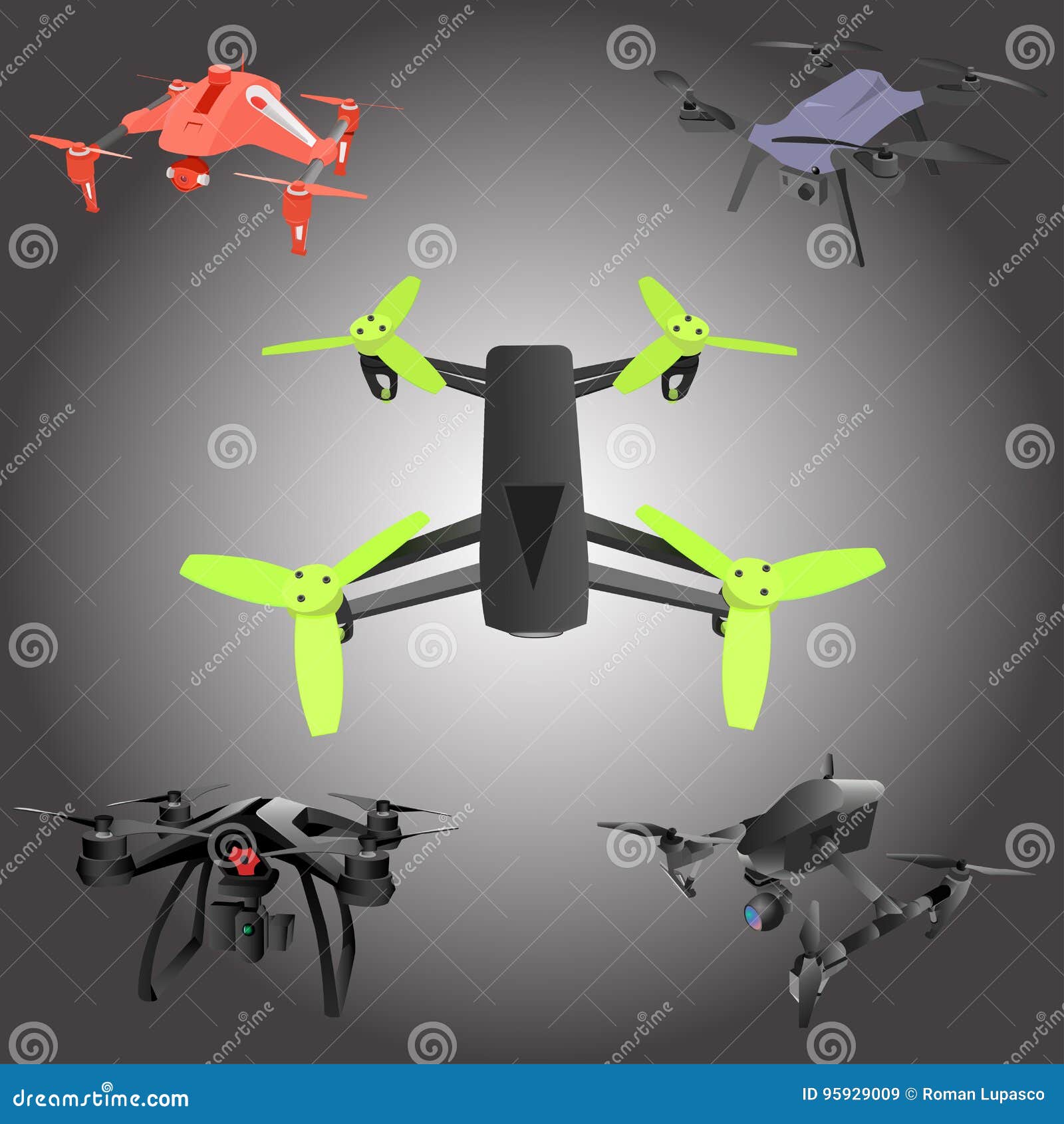 Set of Cartoon Drones. Isometric. Vector Illustration. Stock Vector ...