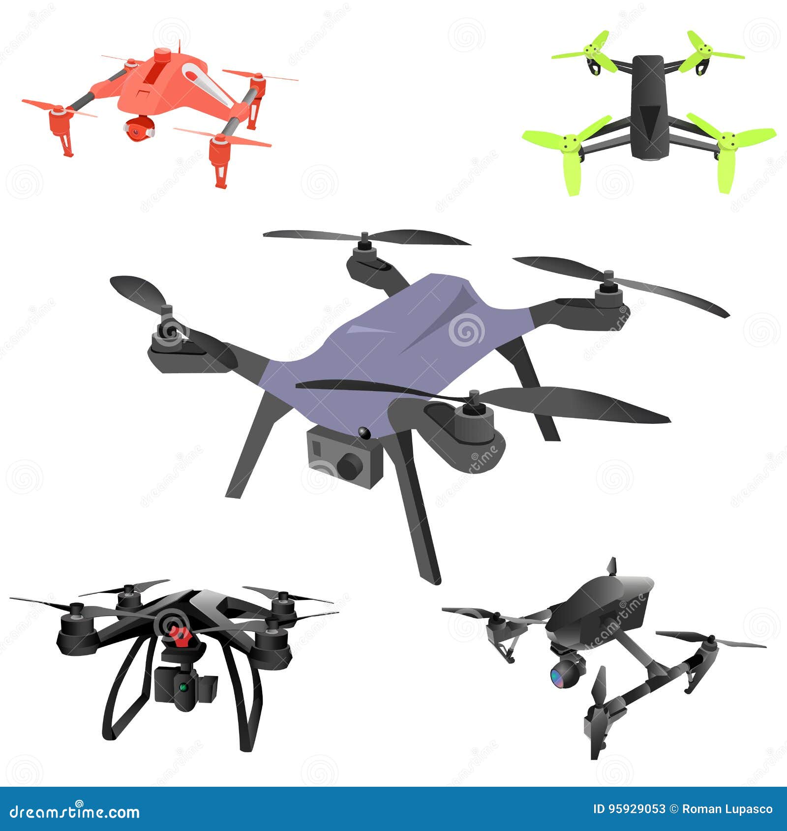 Set of Cartoon Drones. Isometric. Vector Illustration. Stock Vector ...