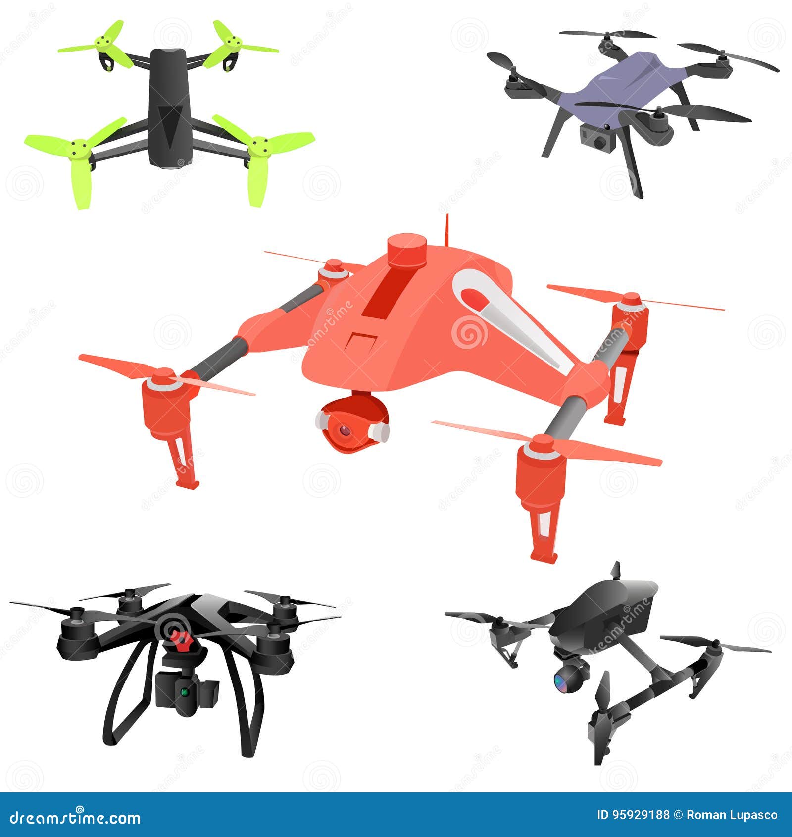 Set of Cartoon Drones. Isometric. Vector Illustration. Stock Vector ...