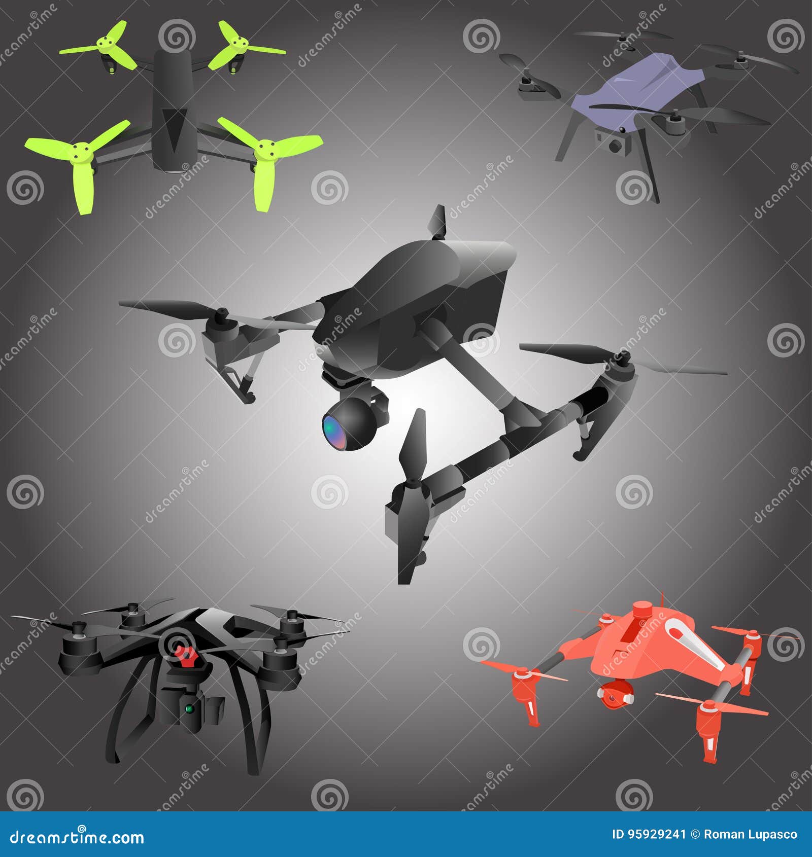 Set of Cartoon Drones. Isometric. Vector Illustration. Stock Vector ...