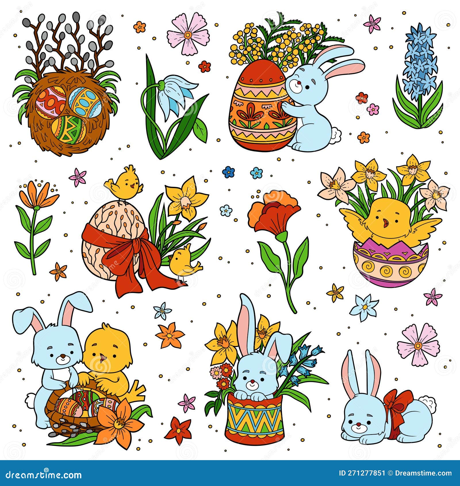 Set of Cartoon Easter Characters and Objects. Cute Rabbits and Chicks ...