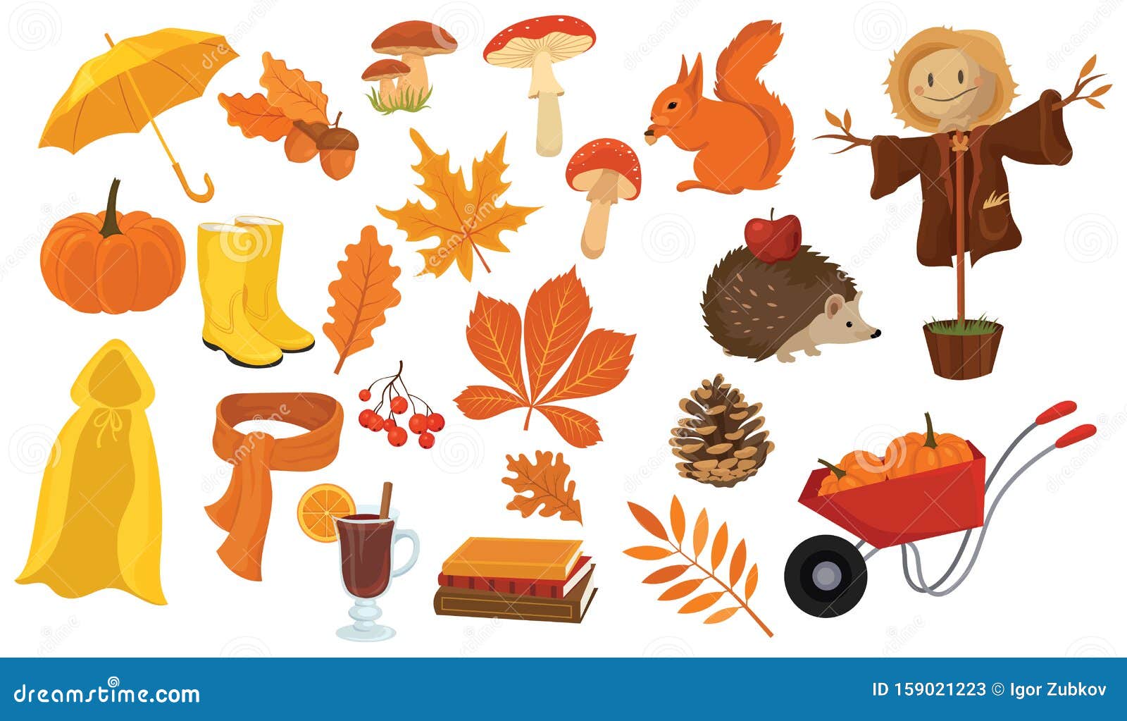 Set Of Cartoon Elements Of Autumn Collection Of Autumn Attributes
