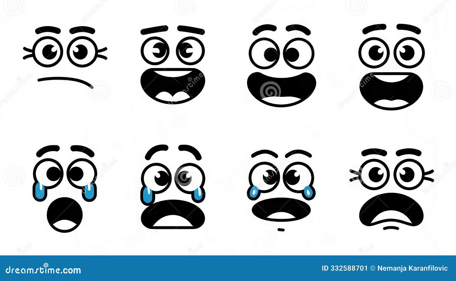A Set of Cartoon Faces with Different Expressions, Including a Crying ...