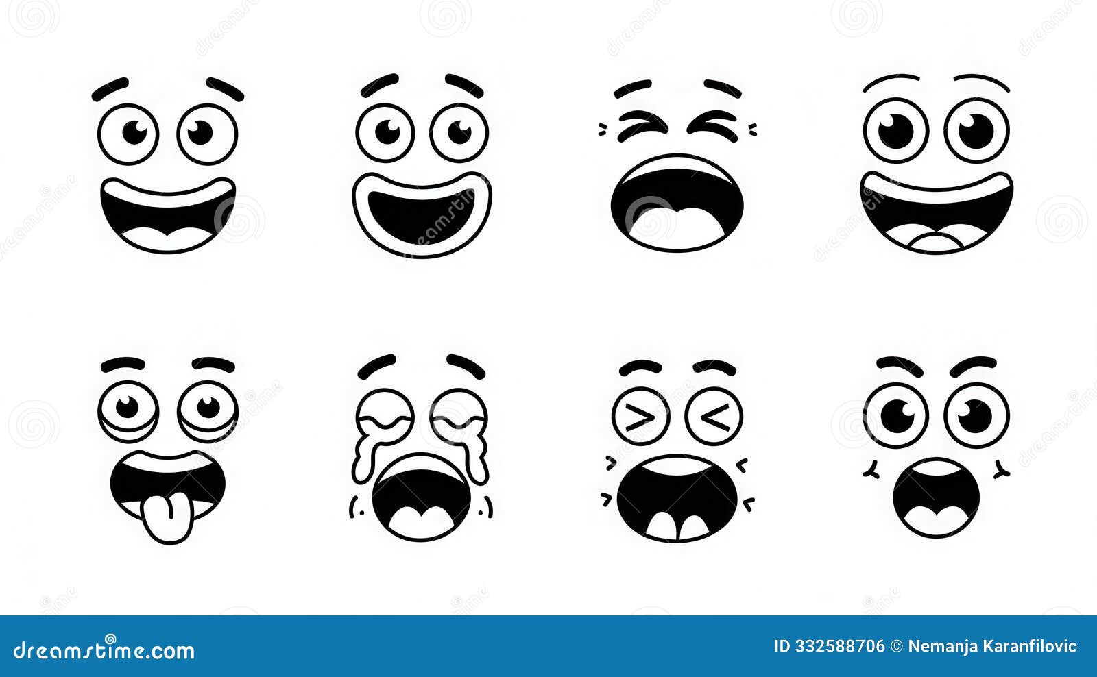 A Set of Cartoon Faces with Different Expressions, Including a ...