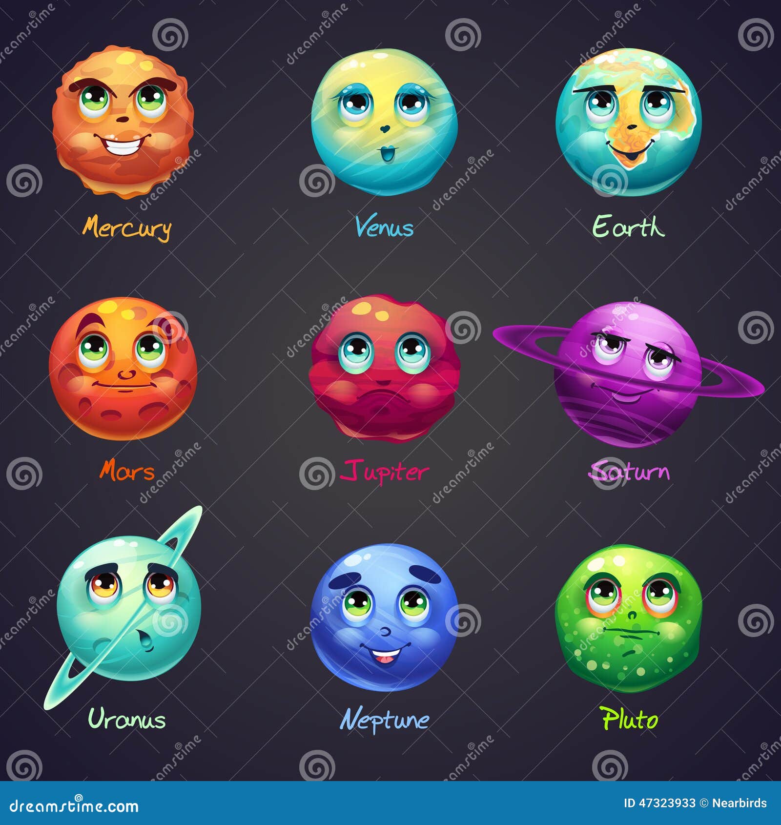 Set of Cartoon, Funny Planets of the Solar System Stock Illustration ...