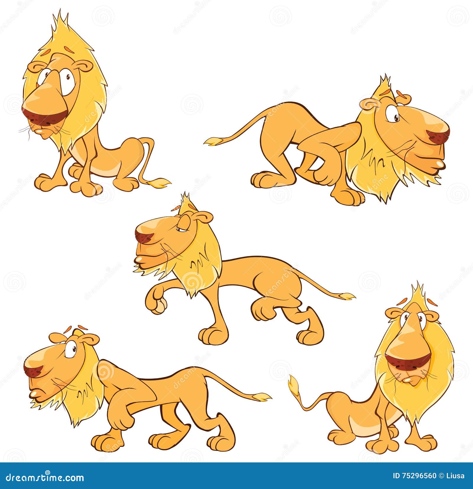 Set of Cartoon Funny Yellow Lions Stock Vector - Illustration of ...