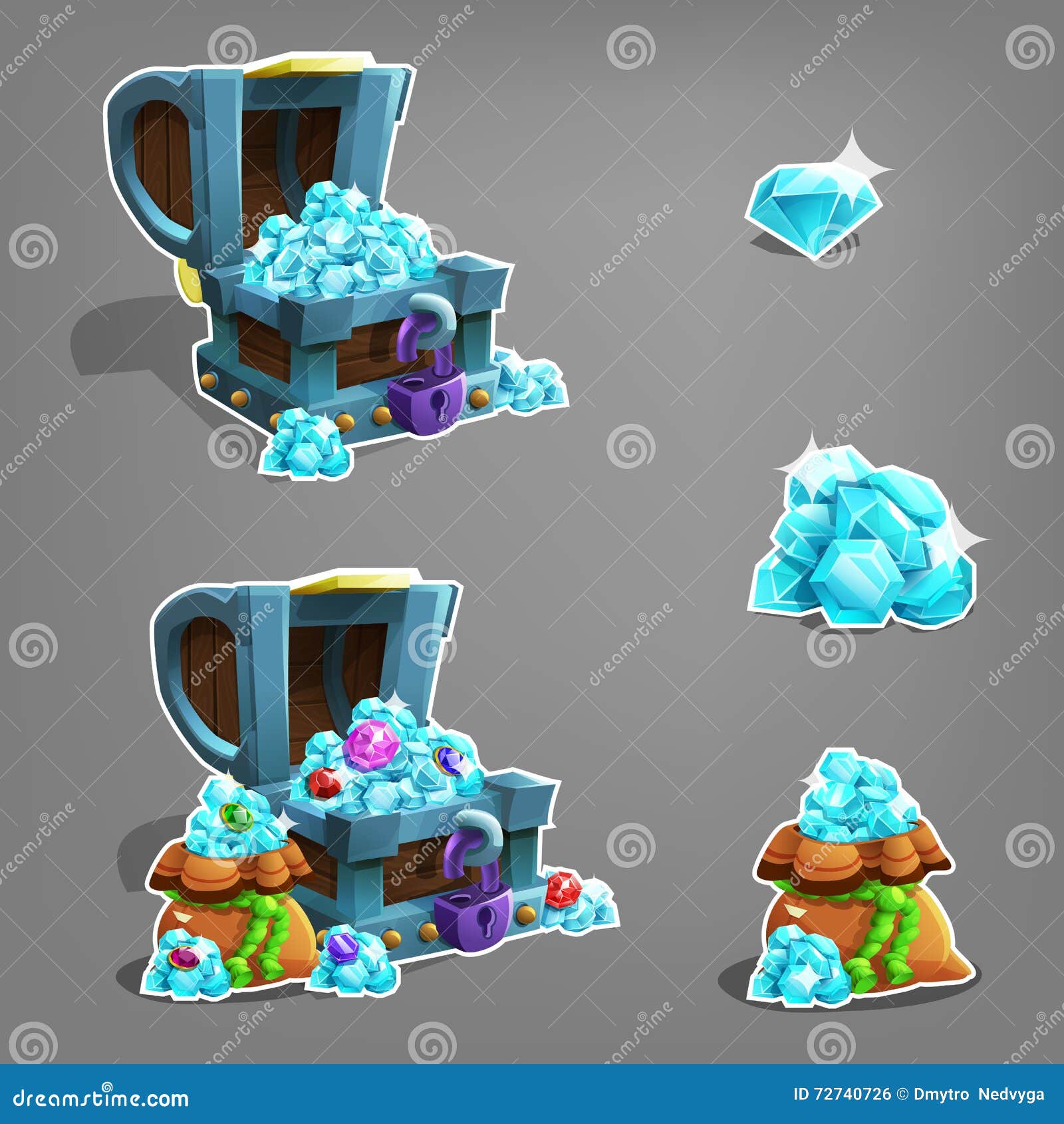 Set of Cartoon Gems in Chest and Bag. Stock Vector - Illustration of ...