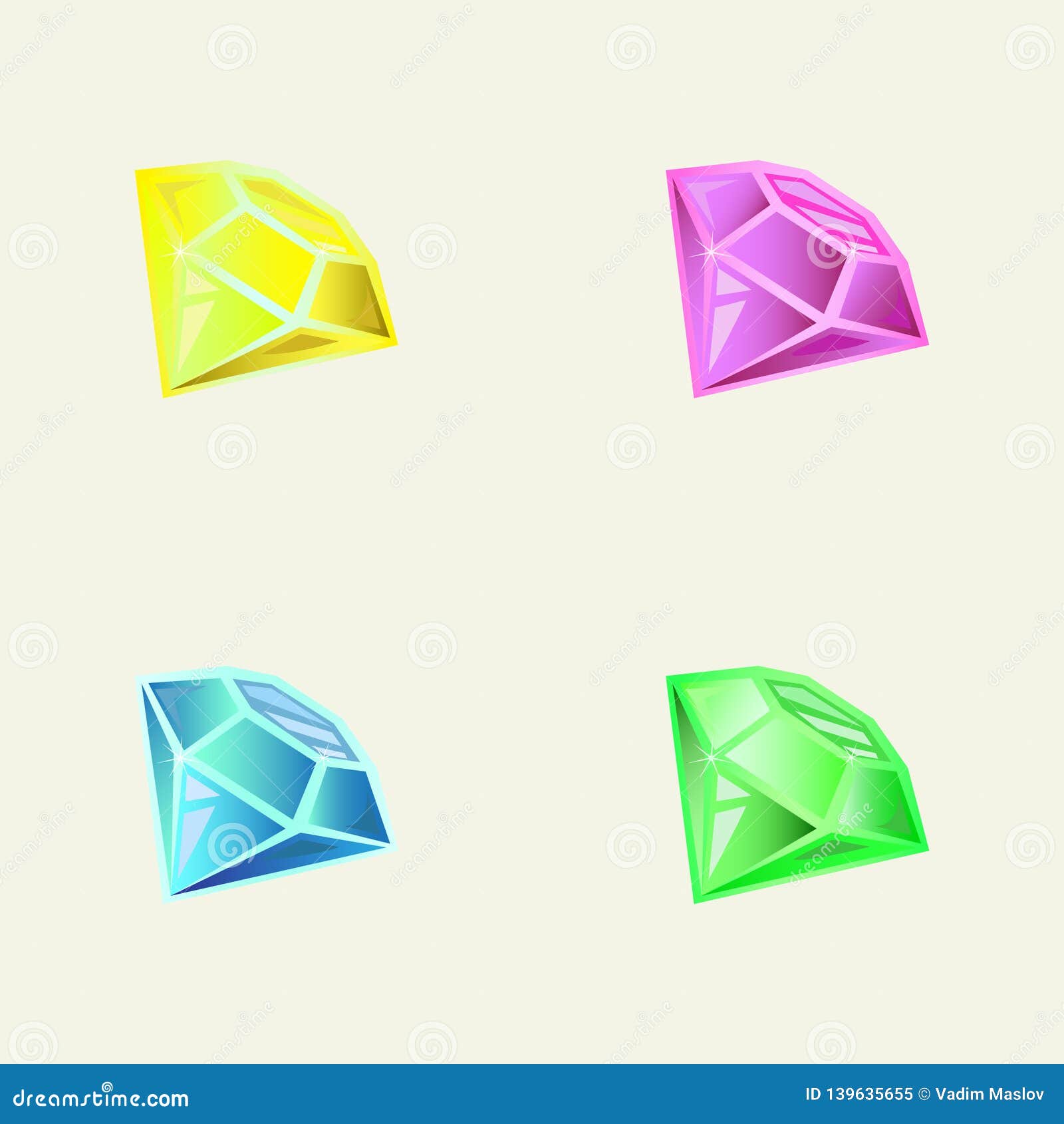 Set Of Cartoon Gems And Diamonds Icons On The White Background. Stock ...