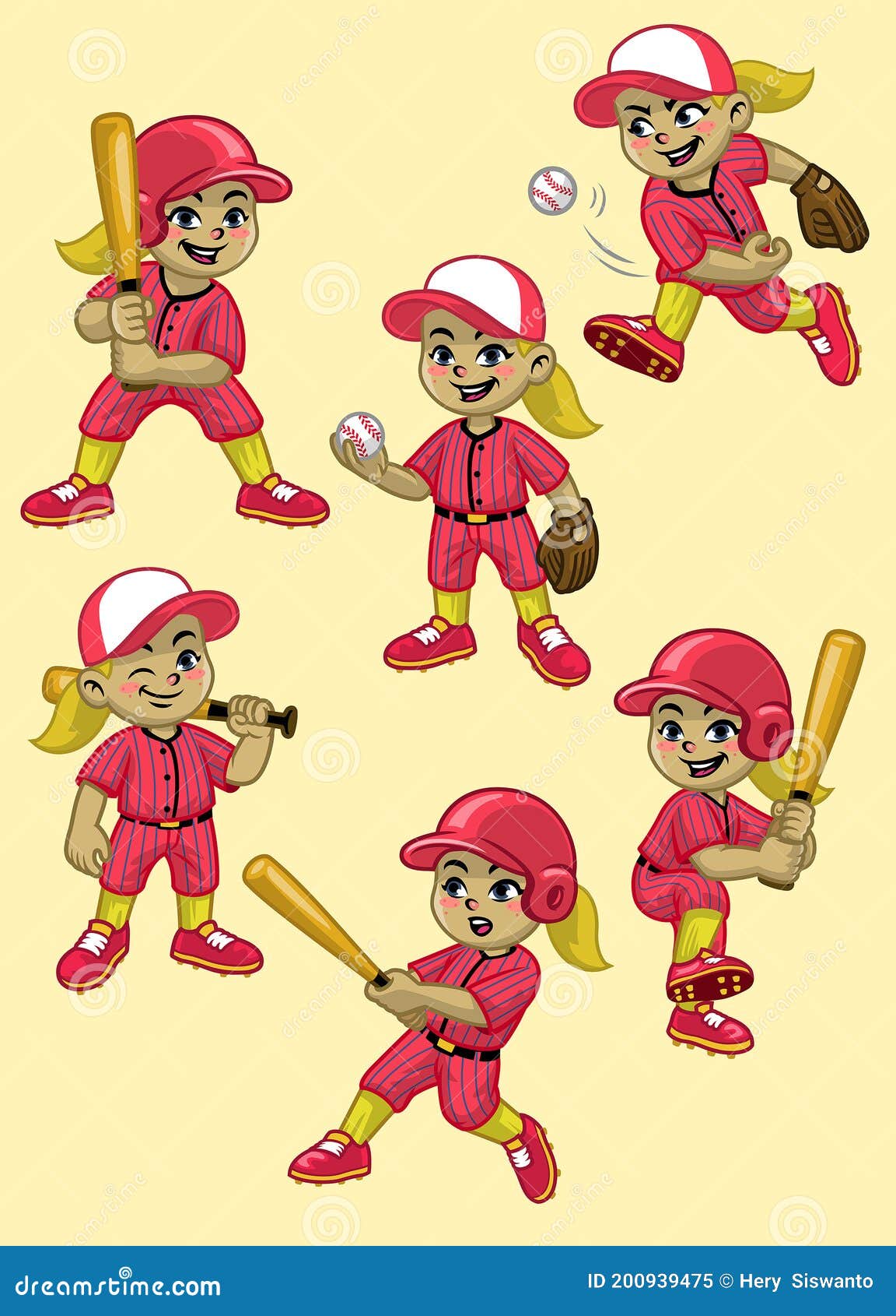 Set Cartoon of Girl Baseball Player Stock Vector - Illustration of game ...