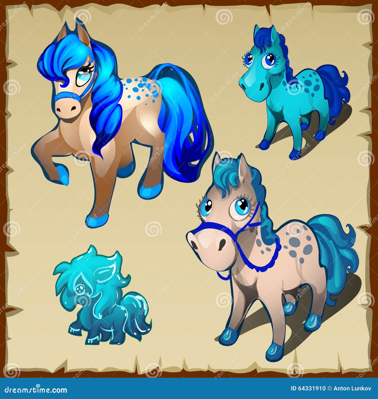 Set of Cartoon Horses with Blue Mane and Tail Stock Vector ...