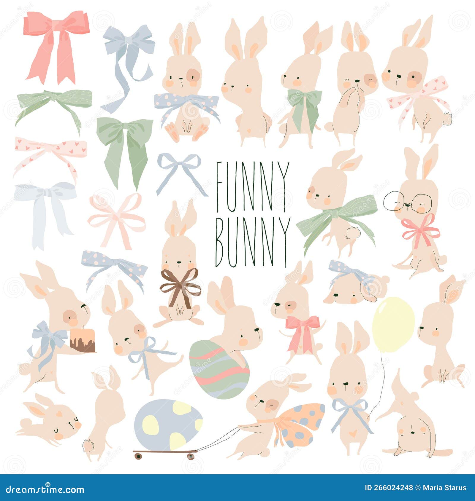 Set Cartoon Illustration of Cute Rabbits with Bows and Easter Egg Stock ...