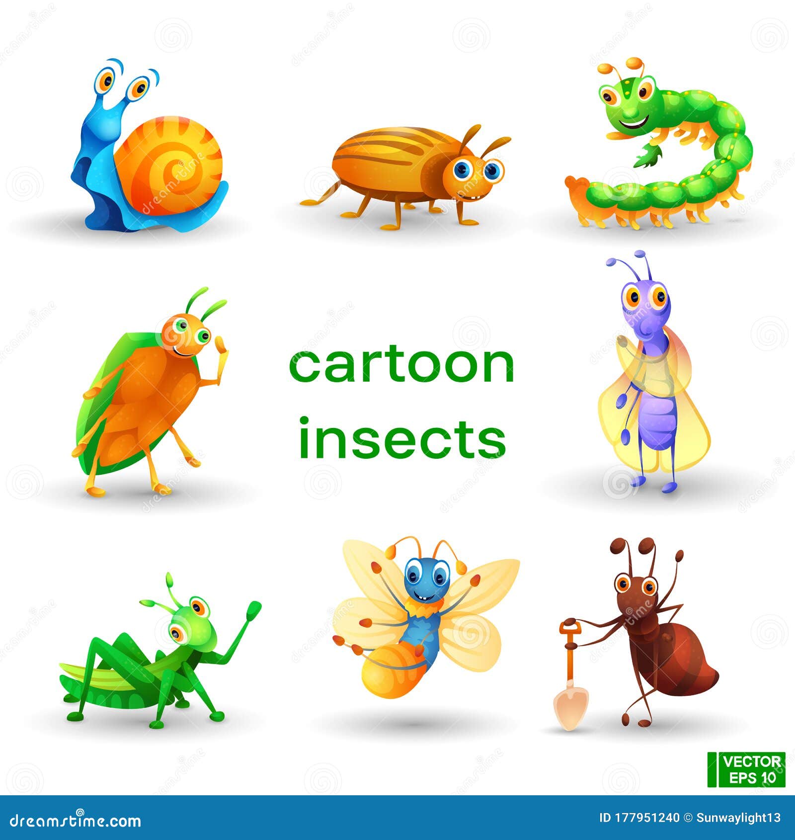 Set of Cartoon Insects Characters Stock Vector - Illustration of shield ...