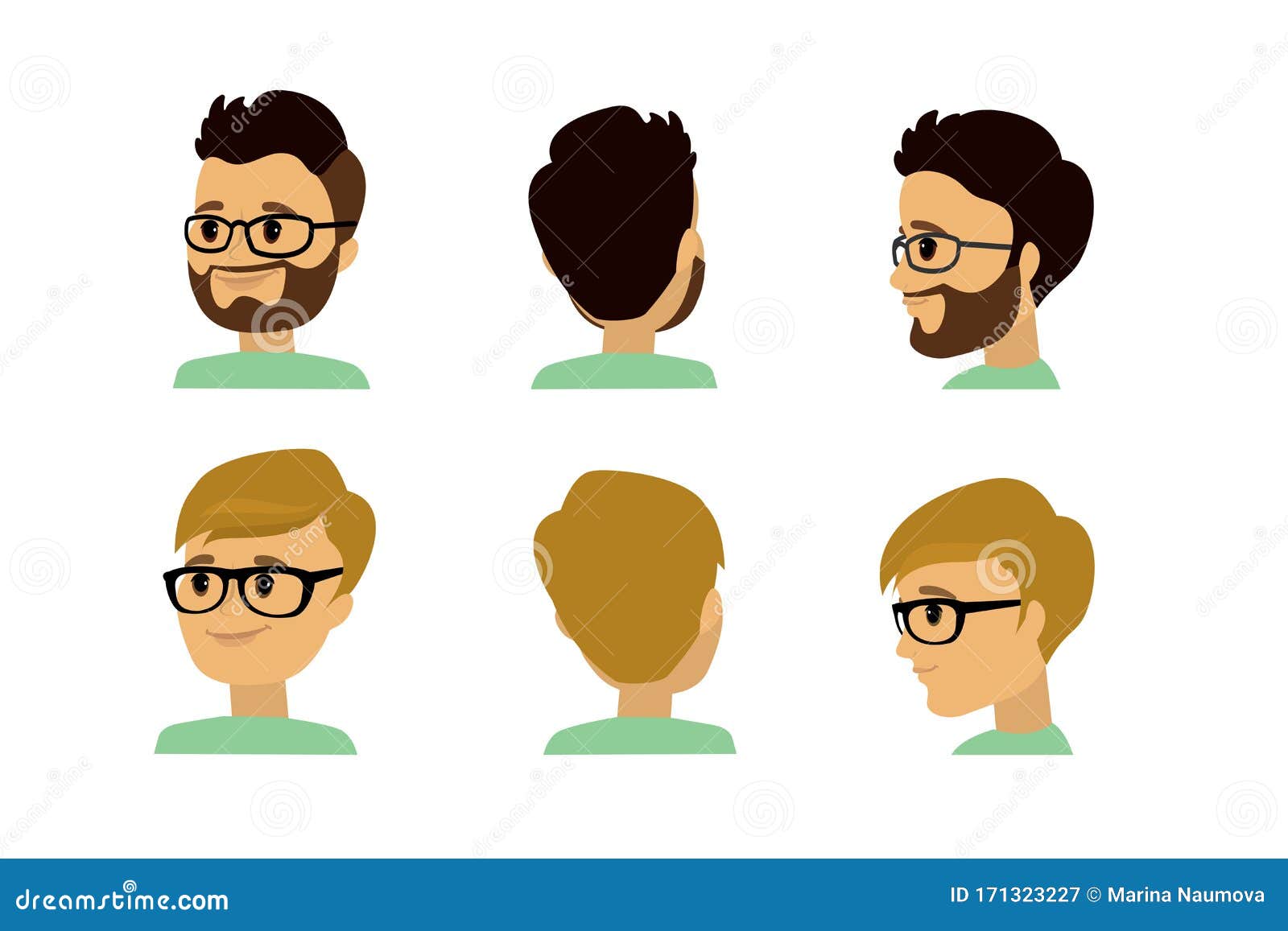 Set of Cartoon Male Head in Front, Profile and Back Stock Vector ...