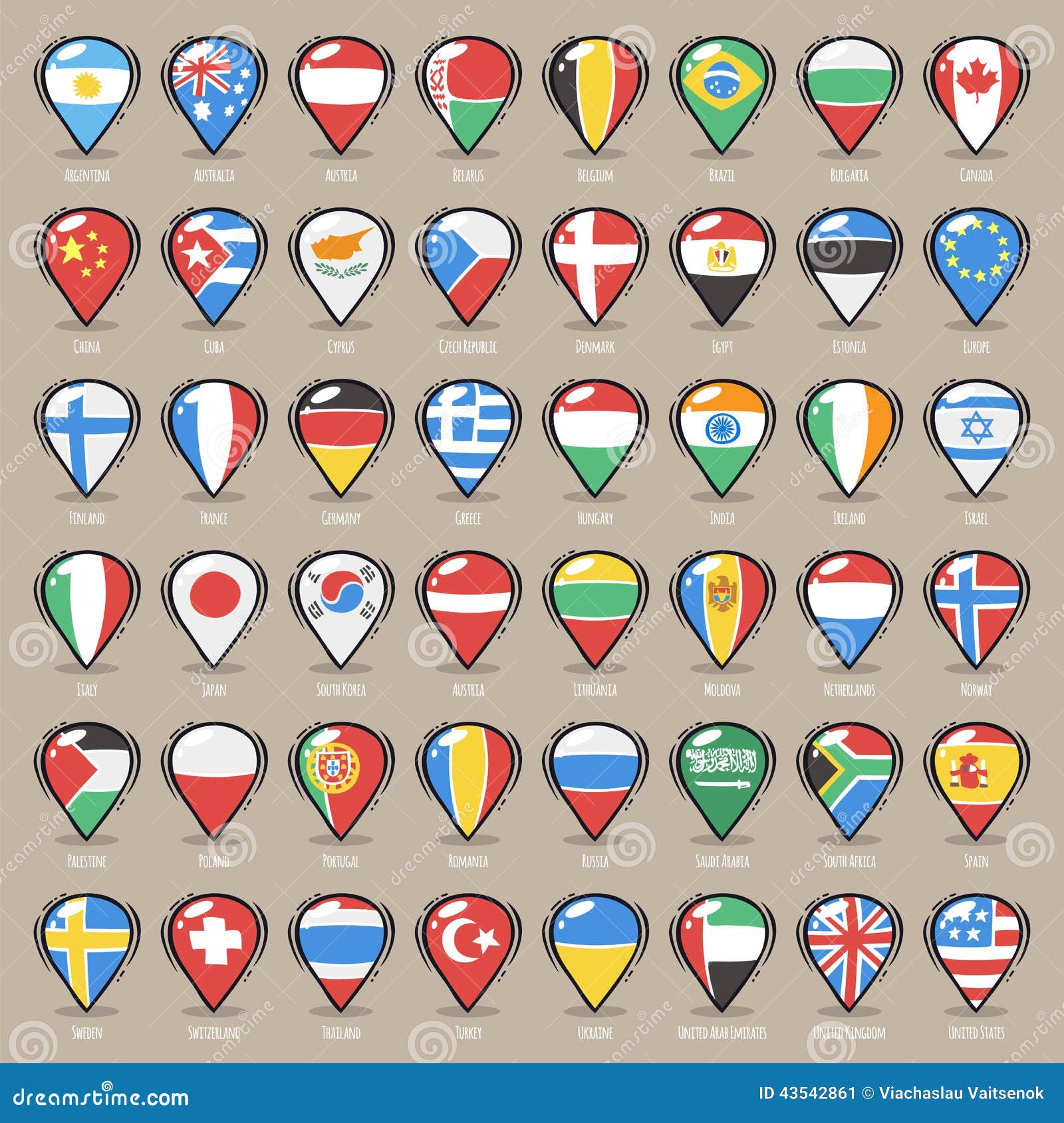 Set of Cartoon Map Pointers with World States Flags Stock Vector ...