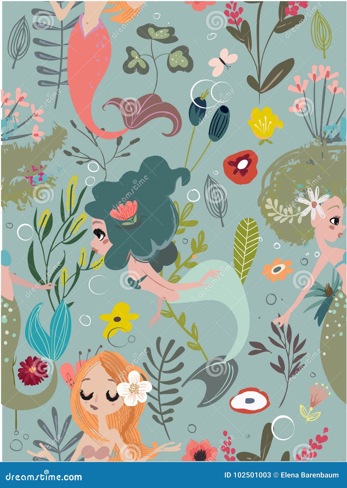 Cartoon Mermaids, Water Nymphs With Fish Tails Underwater Holding Sea ...