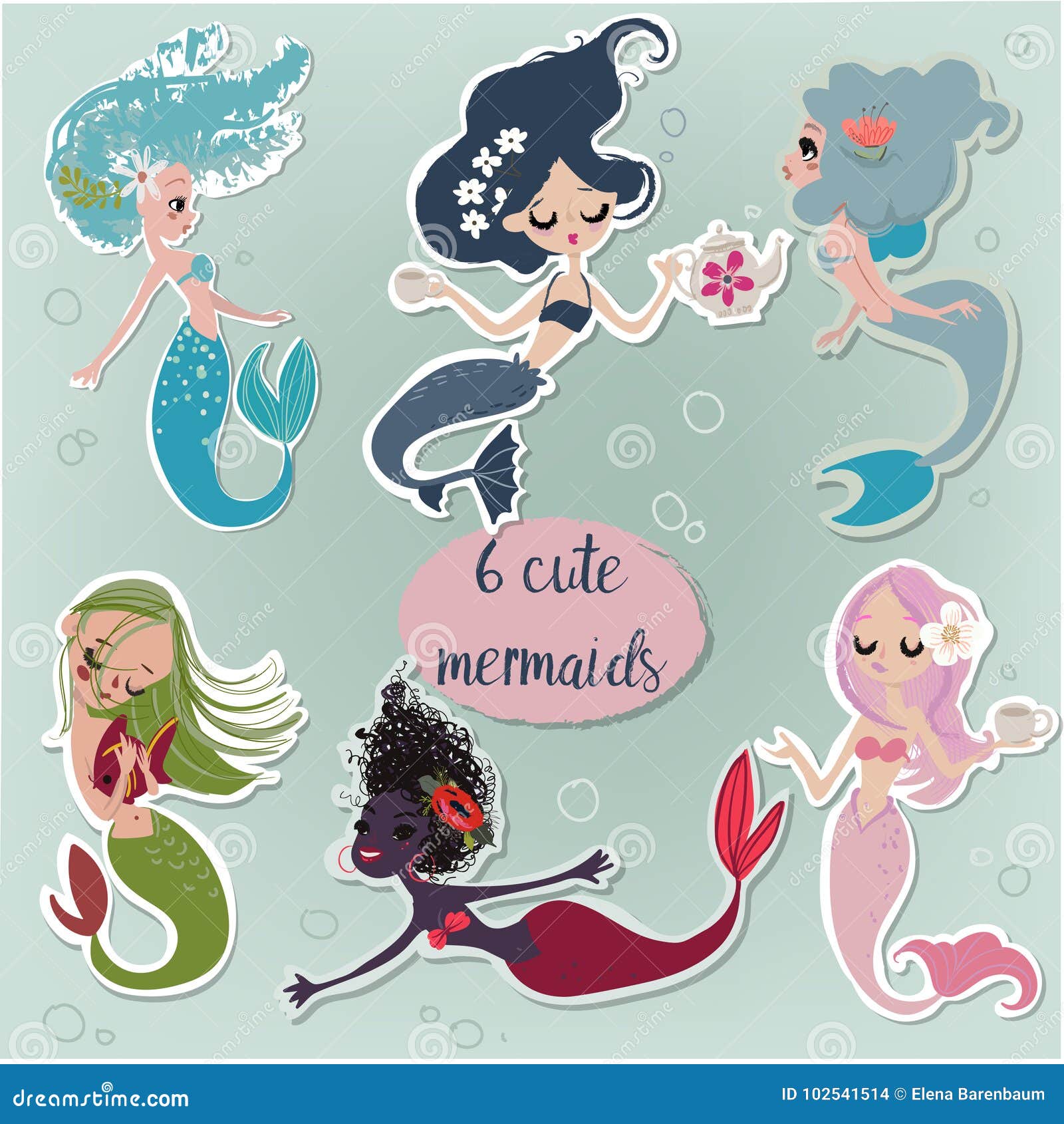 Set with cartoon mermaids stock vector. Illustration of floral - 102541514