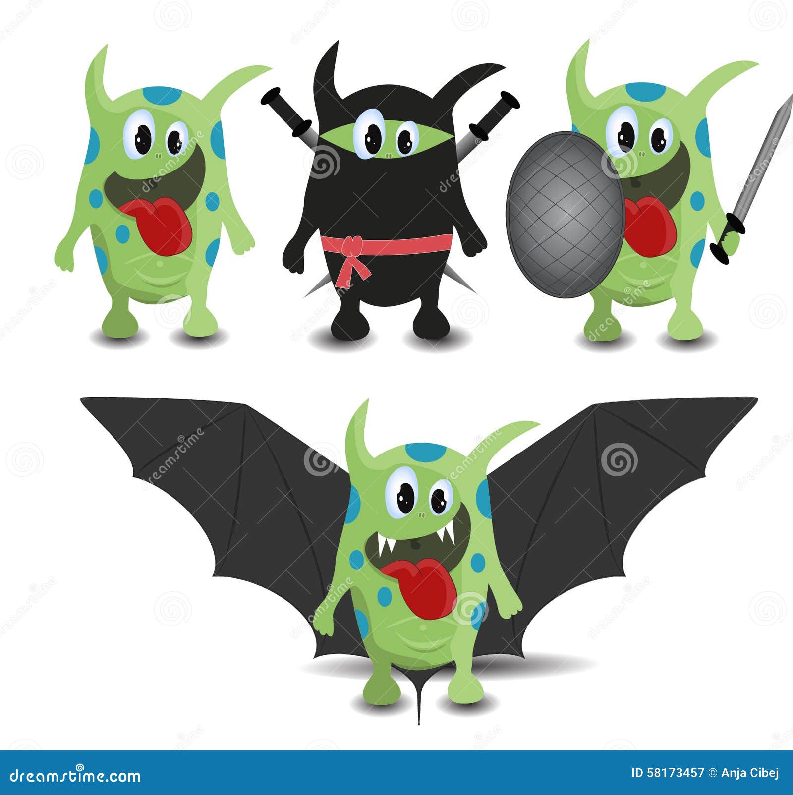 Set of Cartoon Monster Bat, Ninja and Warrior Stock Illustration ...