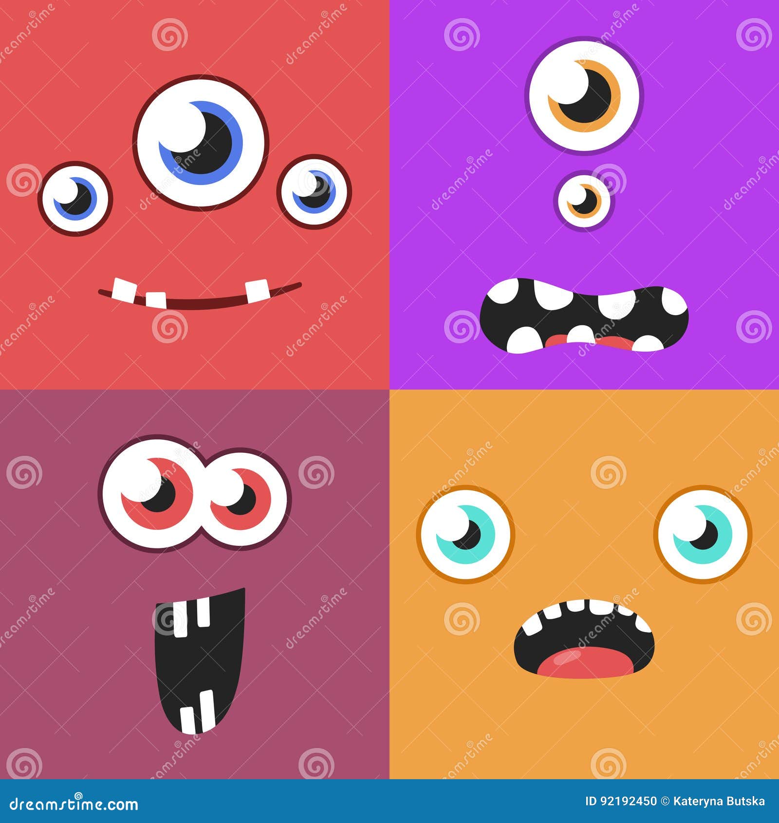 Set of Cartoon Monster Faces with Different Expression of Emotions ...