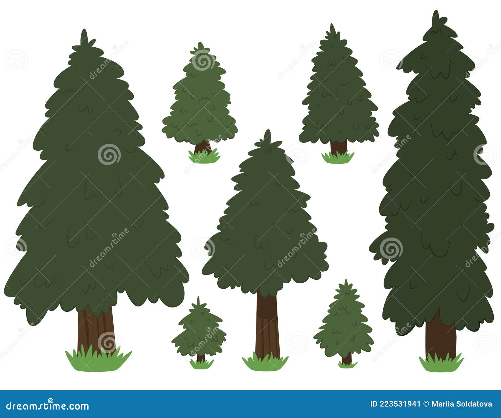SET Cartoon Nature Tree Fir Isolated on White Background. Vector ...