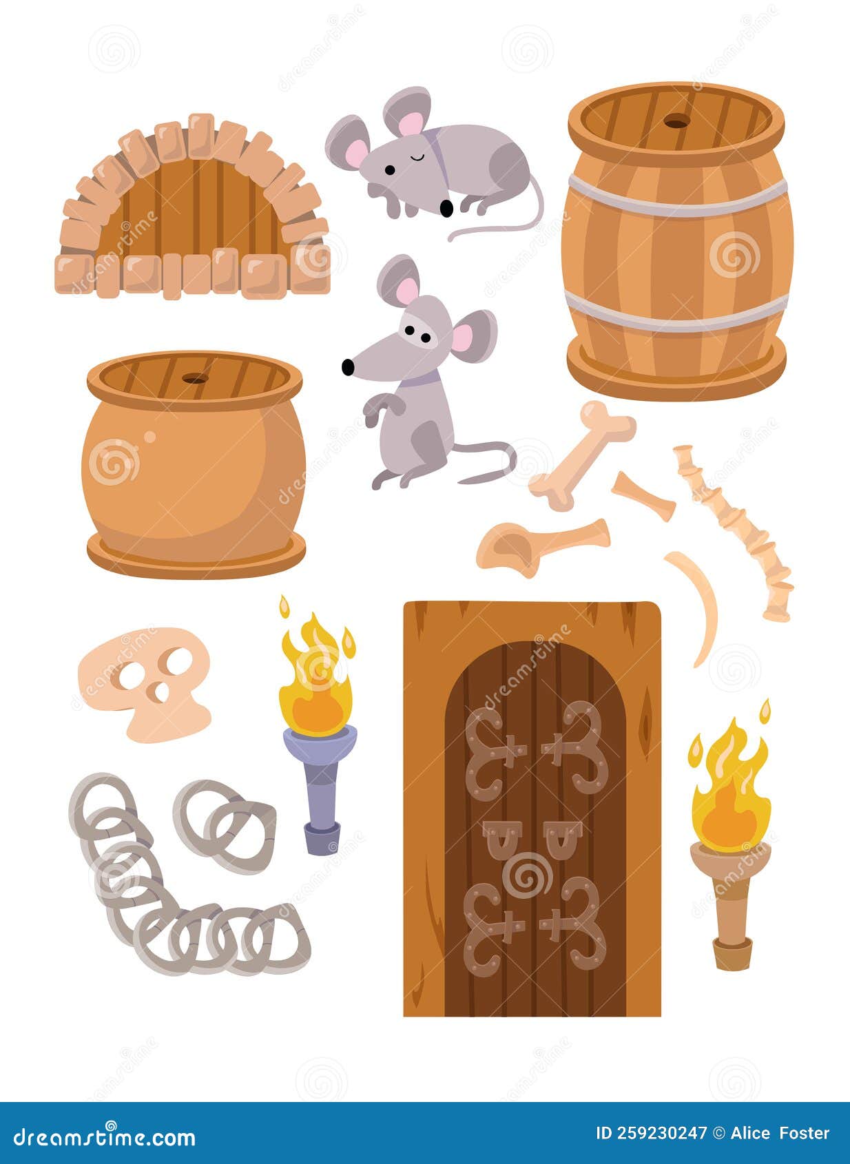 Set of Cartoon Objects. Cute Mice, Torches, Castle Objects, Dungeons ...