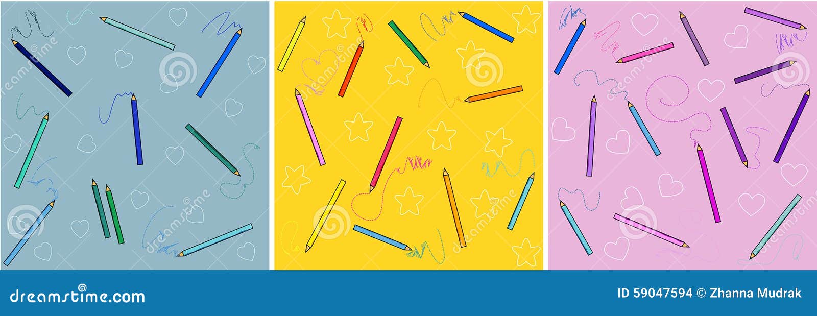 Set of Cartoon Patterns with Pencils Stock Illustration - Illustration ...