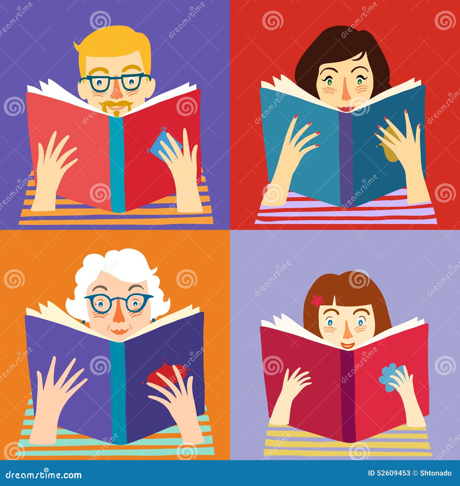 Set of Cartoon People Reading Books Stock Vector - Illustration of ...