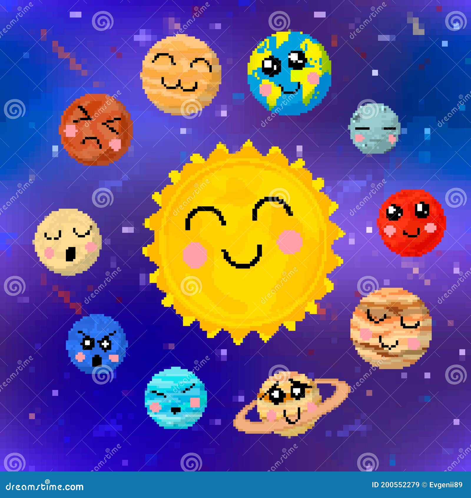 Set Cartoon Planets Of Solar System With Cute Faces In Pixel Art Style ...