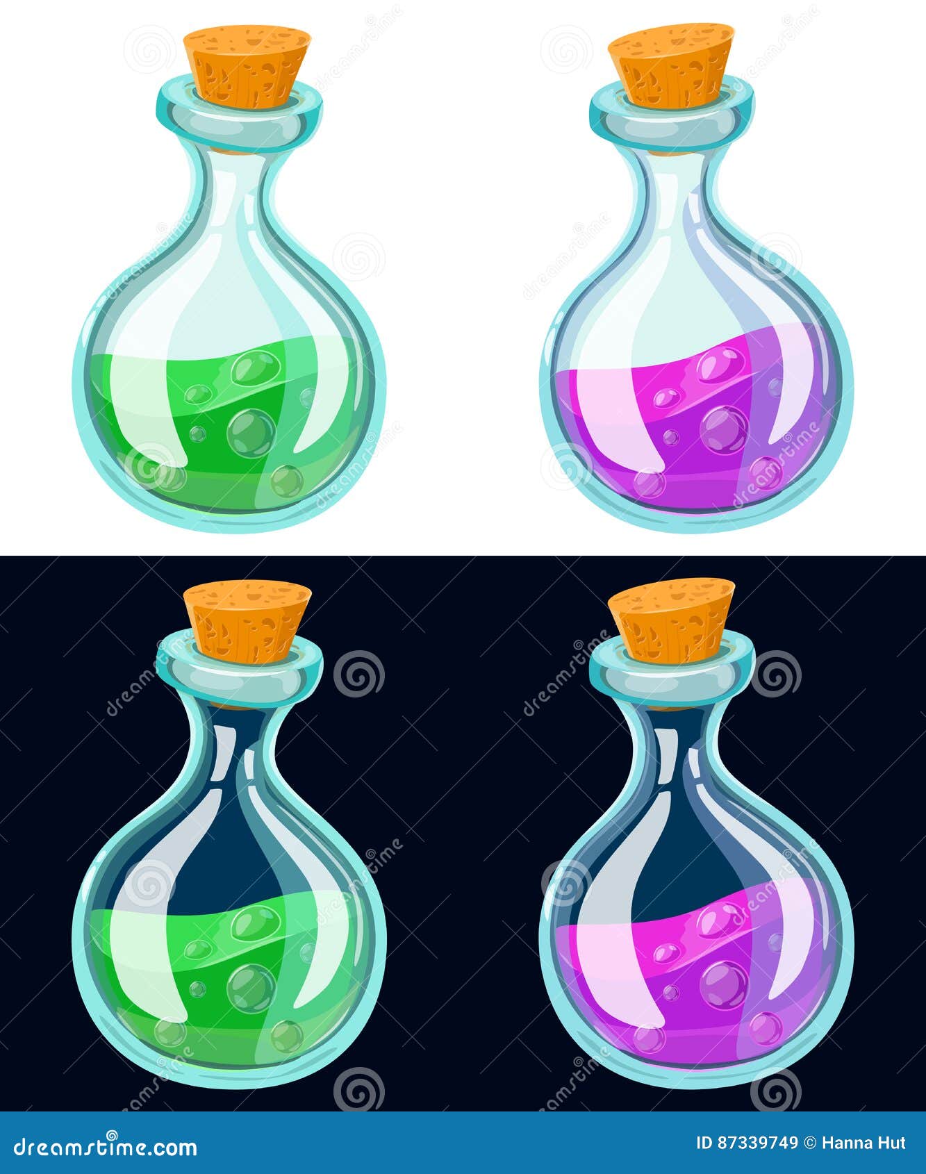 Set Of Cartoon Potion Bottle. Glass Flasks With Colorful Liquids ...