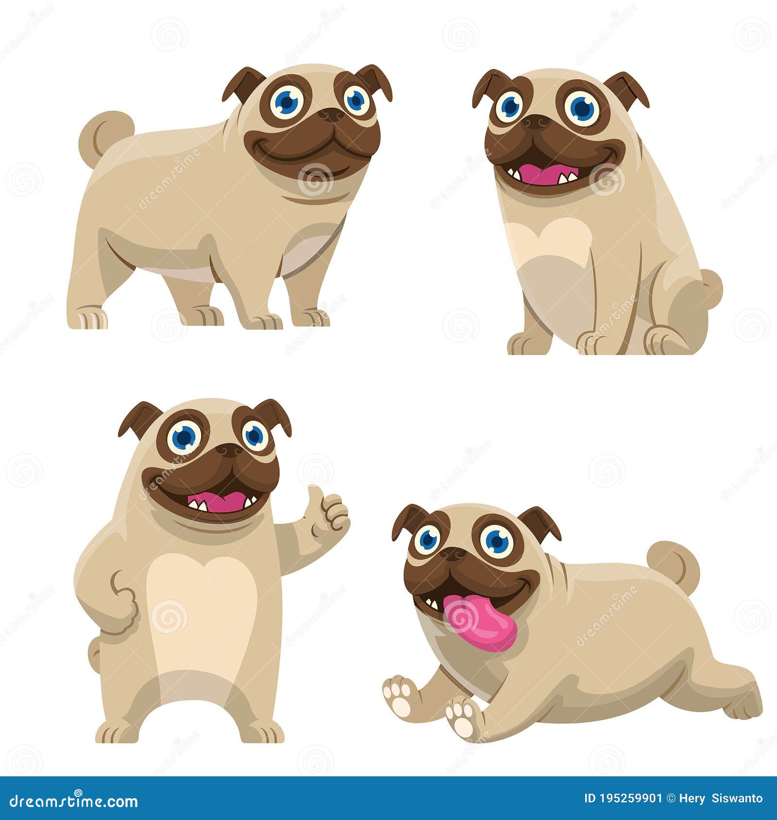 Set Cartoon of Pug Dog Collection Stock Vector - Illustration of breed ...