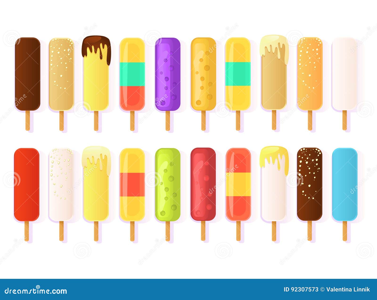 A Set of Cartoon Rectangular Ice Cream Icons on a Stick of Different ...
