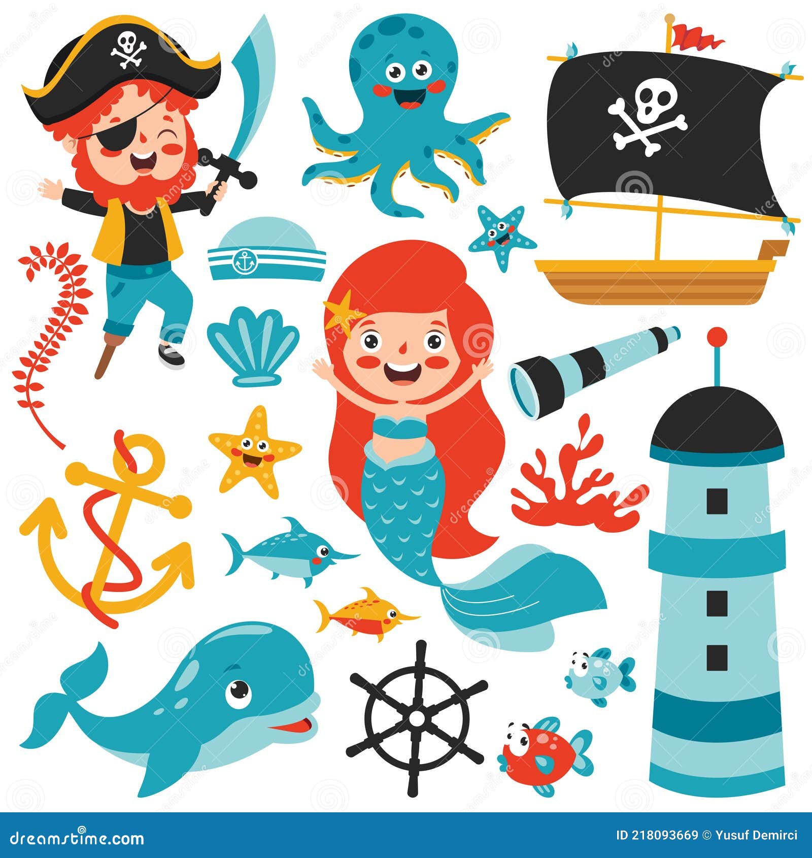 Set of Cartoon Sea Elements Stock Vector - Illustration of anchor ...