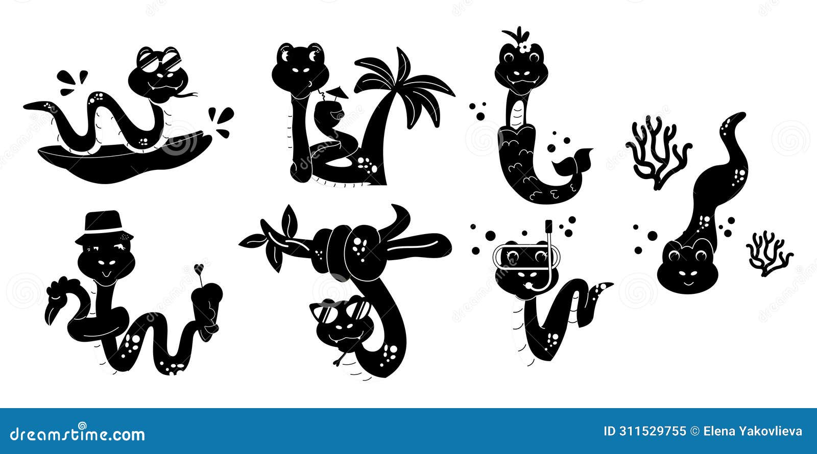 Set Cartoon Silhouette Character Summer Snake Hand Drawn Stock Vector ...