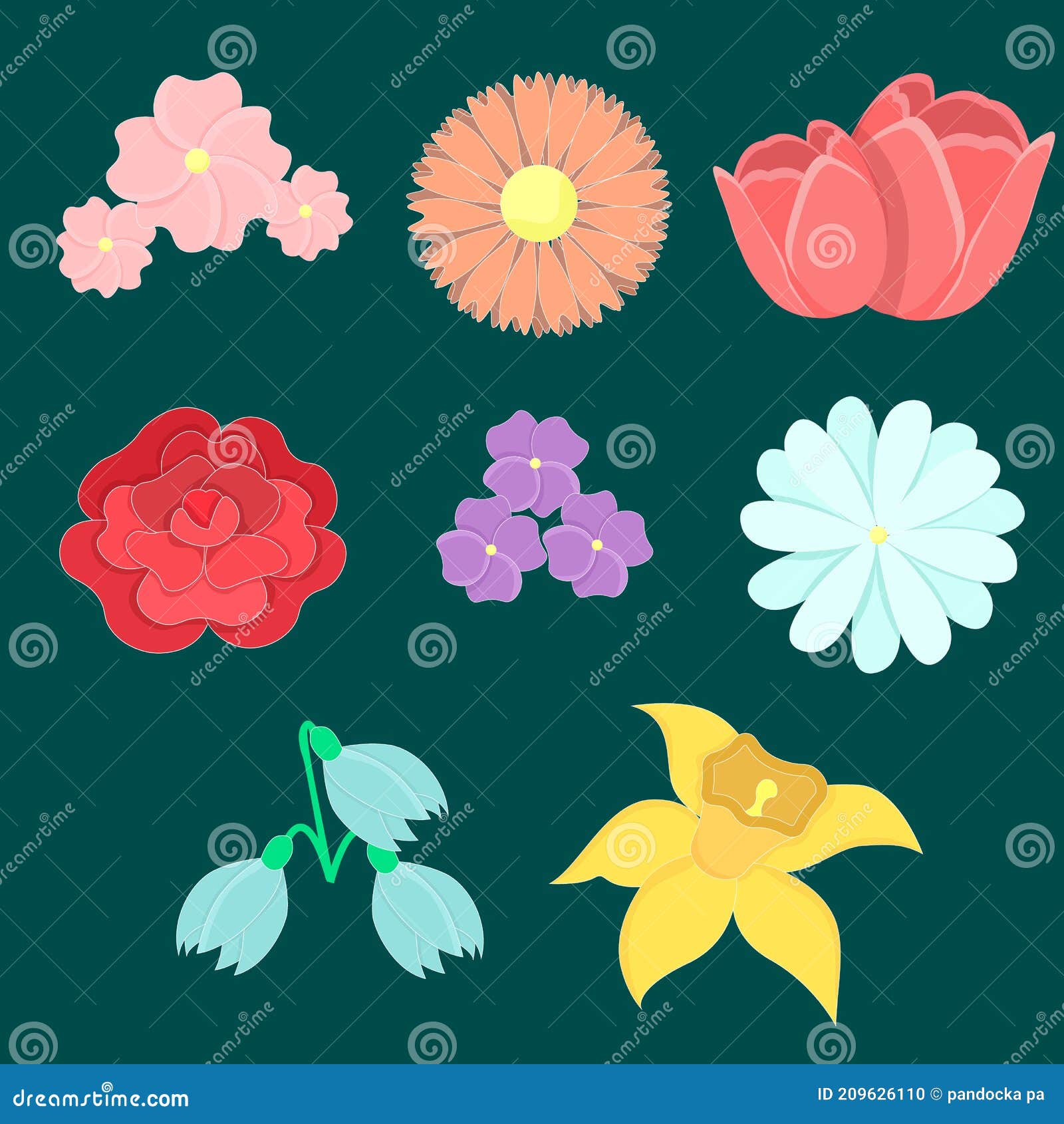 Set of Cartoon Spring Flowers. Flowers Isolated on Background Stock ...