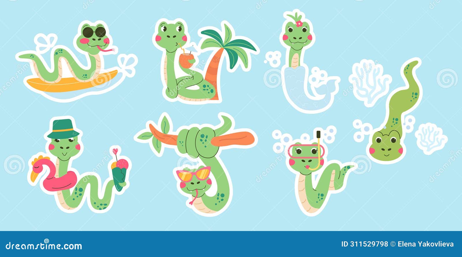 Set Cartoon Sticker Character Summer Snake Hand Drawn Stock Vector ...