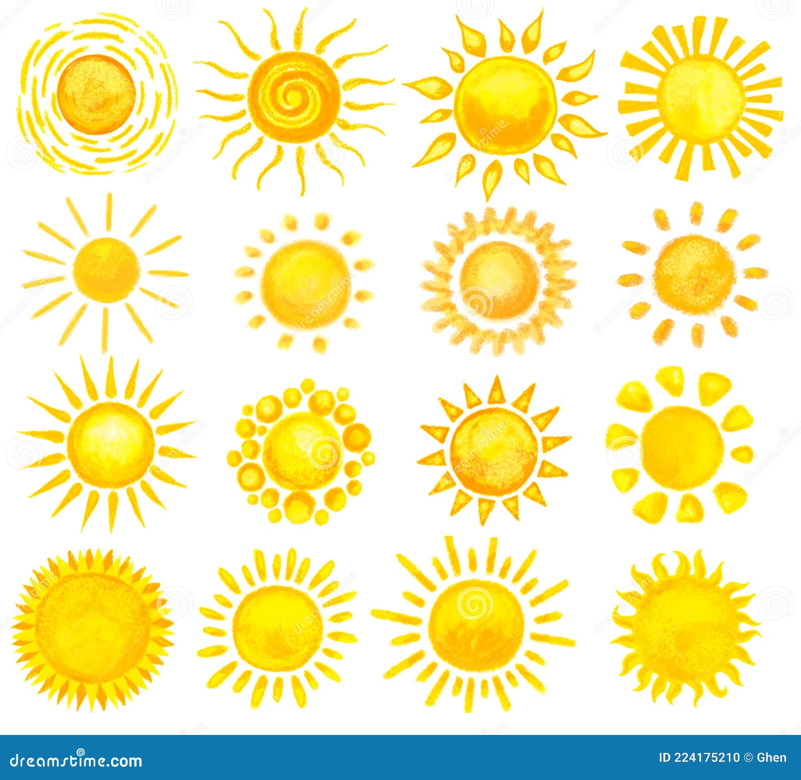 Set of Cartoon Sun on White. Hand Drawn Illustration Stock Illustration ...
