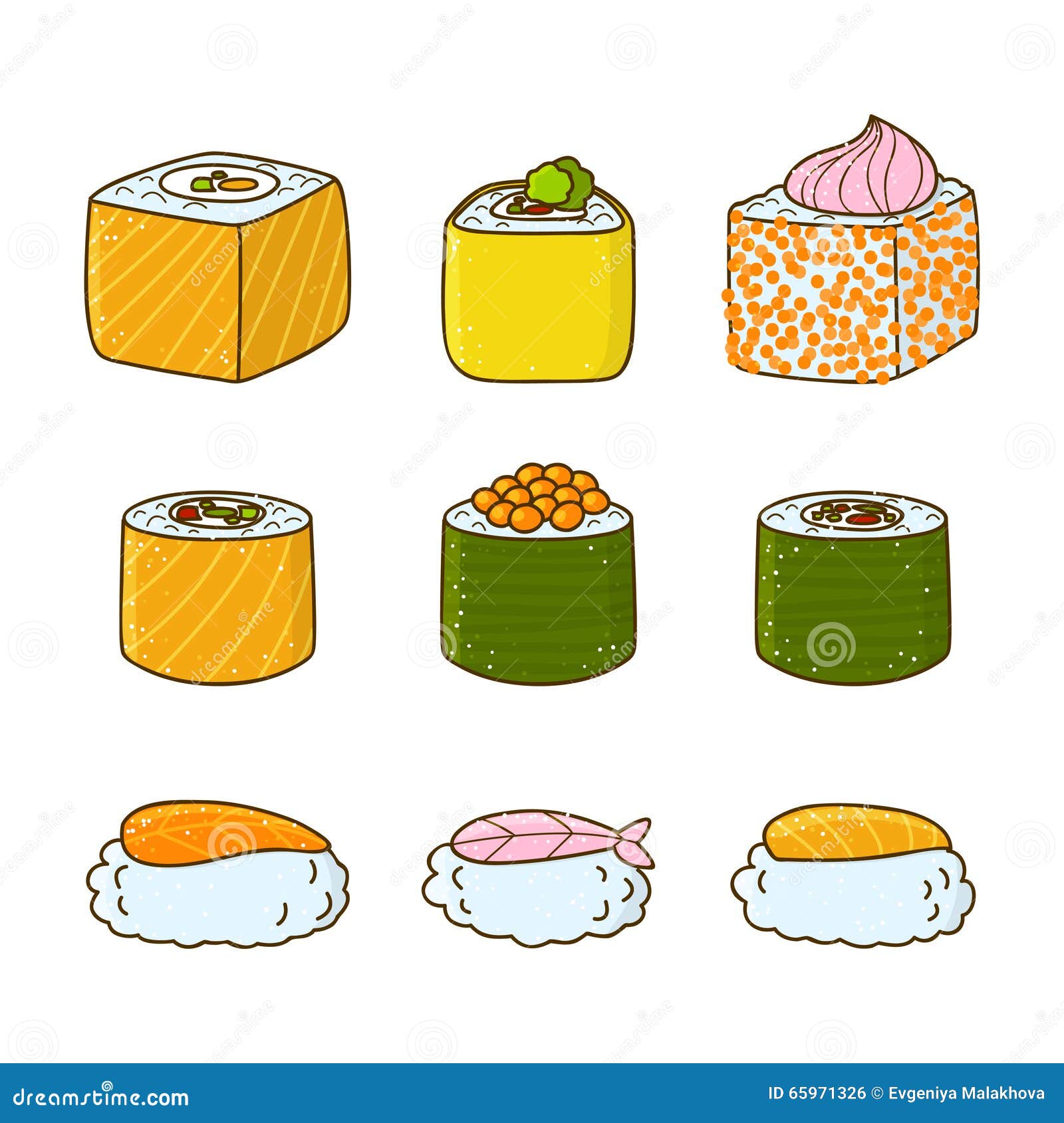 Set of Cartoon Sushi and Rolls Stock Vector - Illustration of vector ...