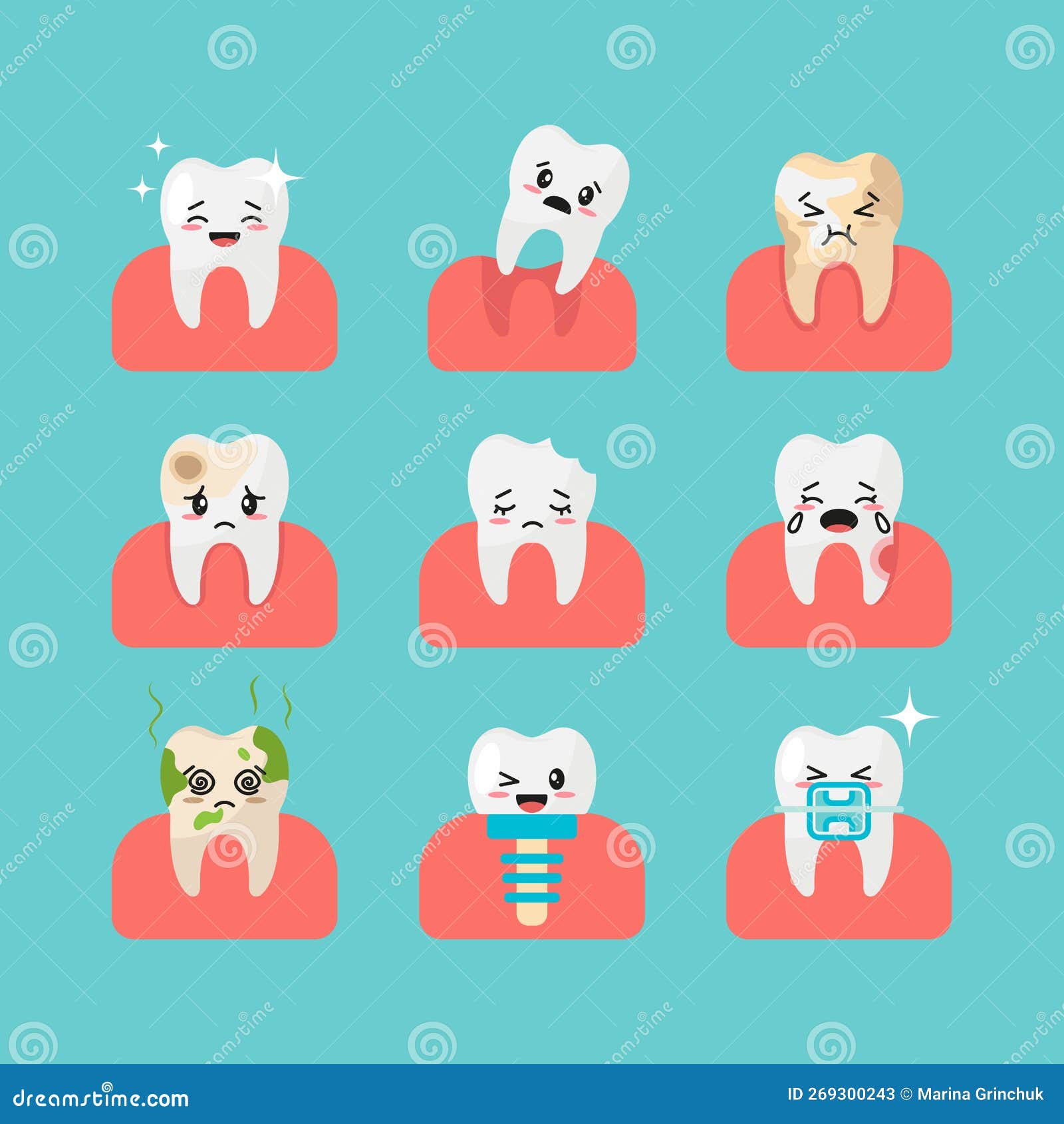 Set of Cartoon Teeth and Gums. Kawaii Faces Stock Vector - Illustration ...