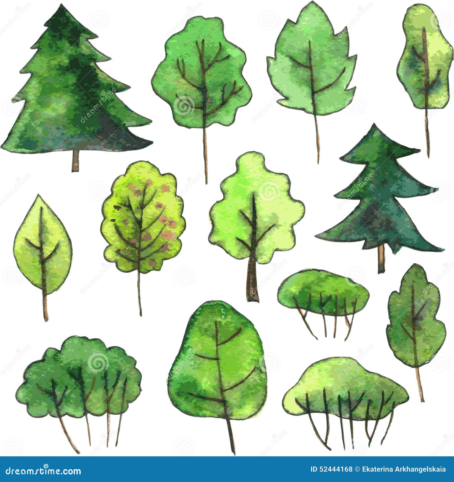 Set of Cartoon Trees Drawing by Watercolor Stock Vector - Illustration ...