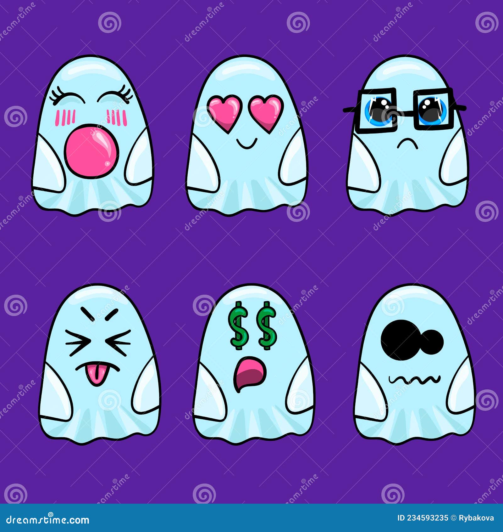 Set Cartoon Vector Cute Ghosts Shadows or Spirit Stock Illustration ...