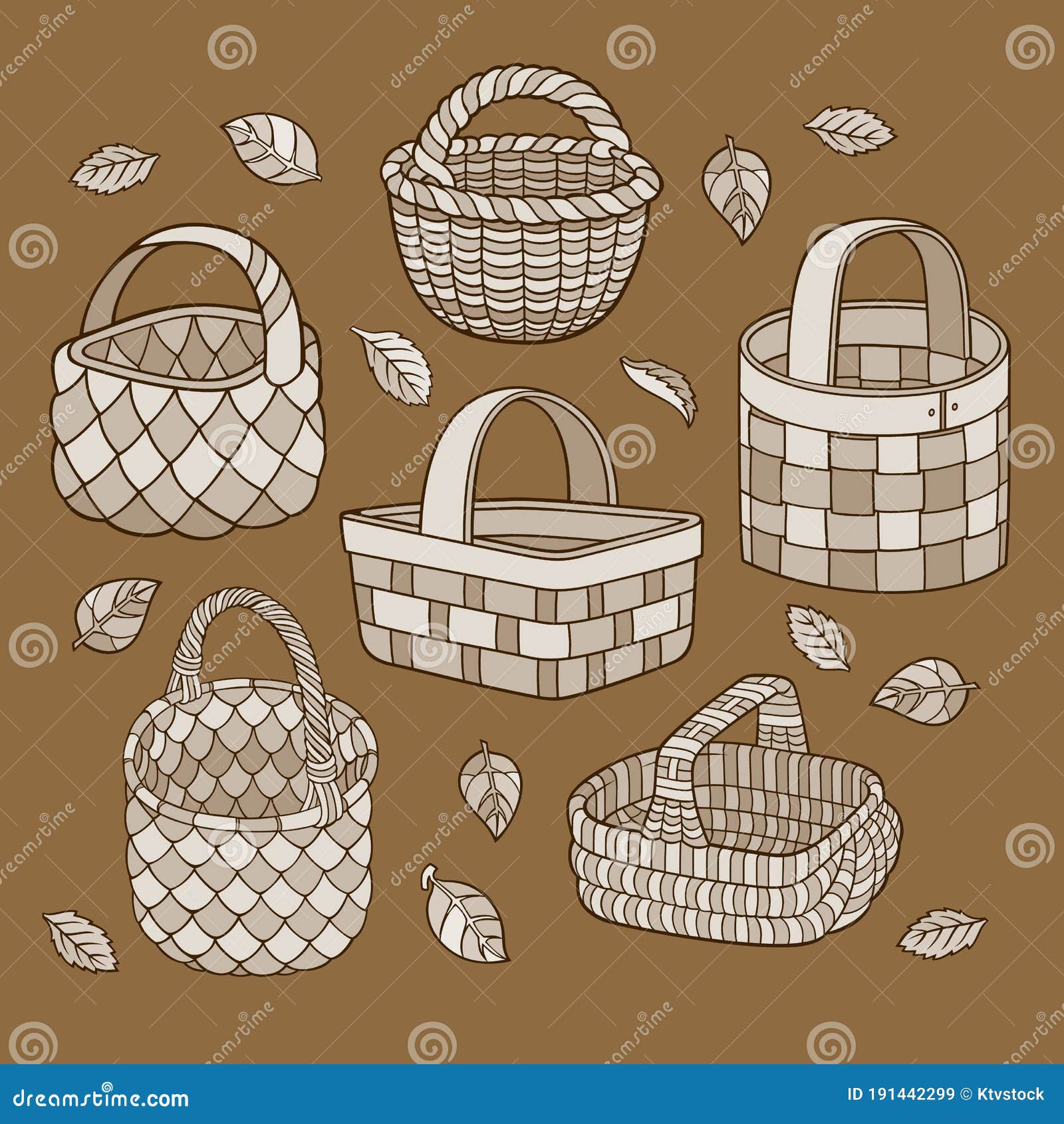 Set of Cartoon Vector Hand Drawn Baskets Stock Vector - Illustration of ...