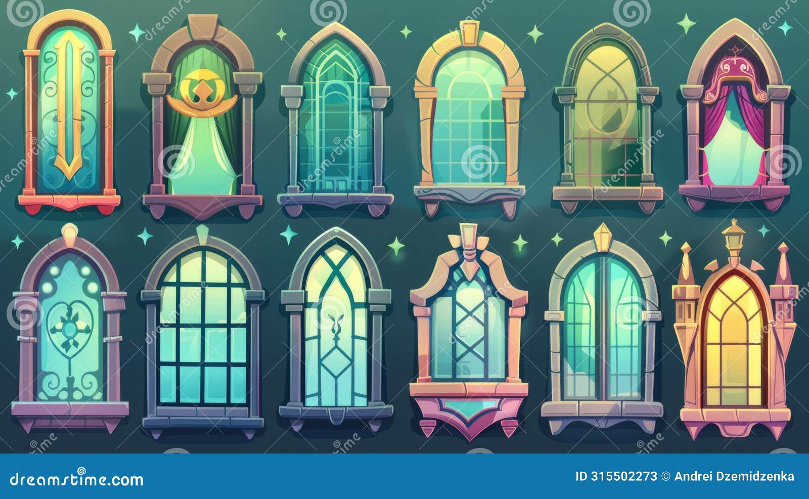 Set of Cartoon Windows with Stone Frames, Windowsills, and Curtains ...