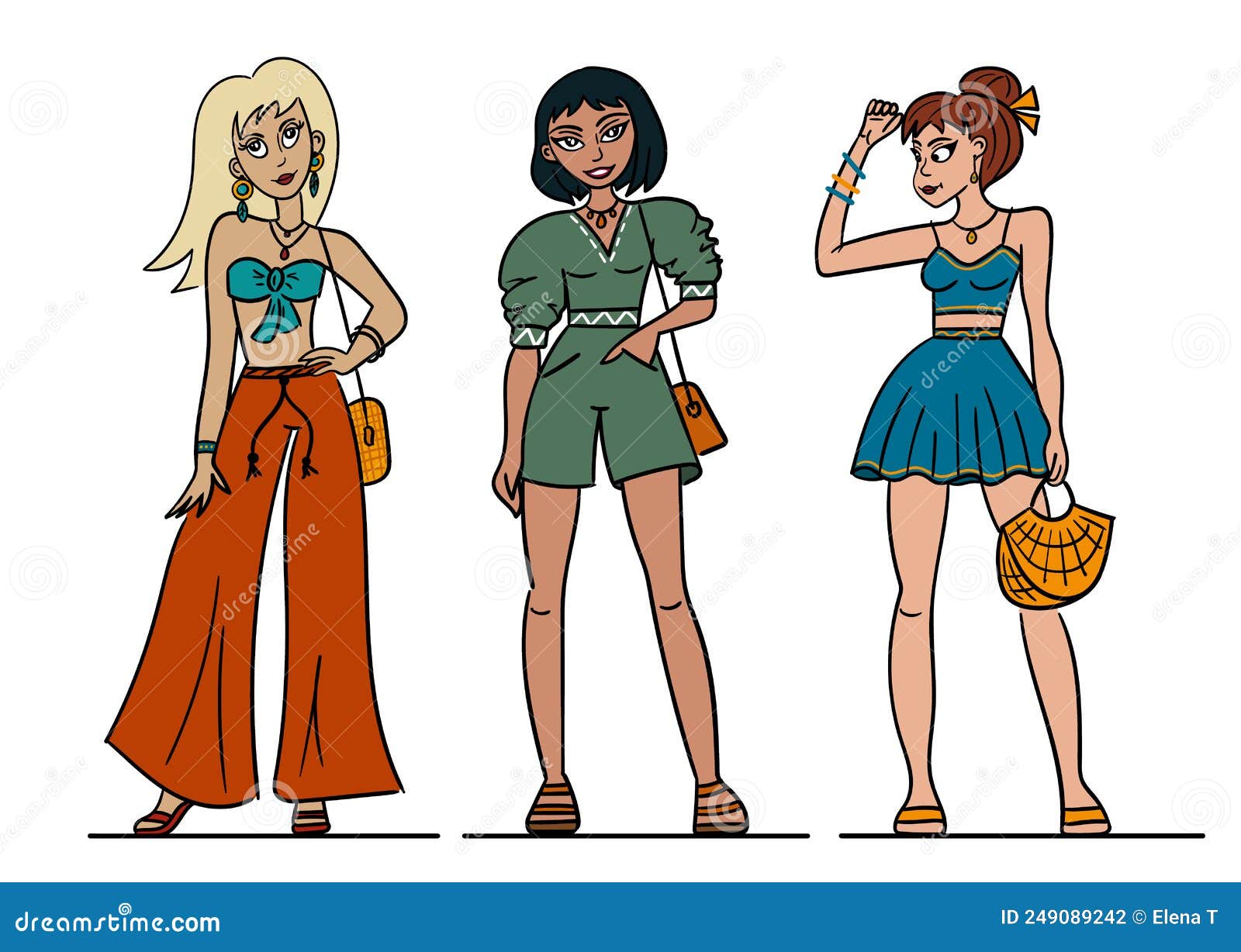 Set of Cartoon Women in Boho Style Clothes Stock Illustration ...