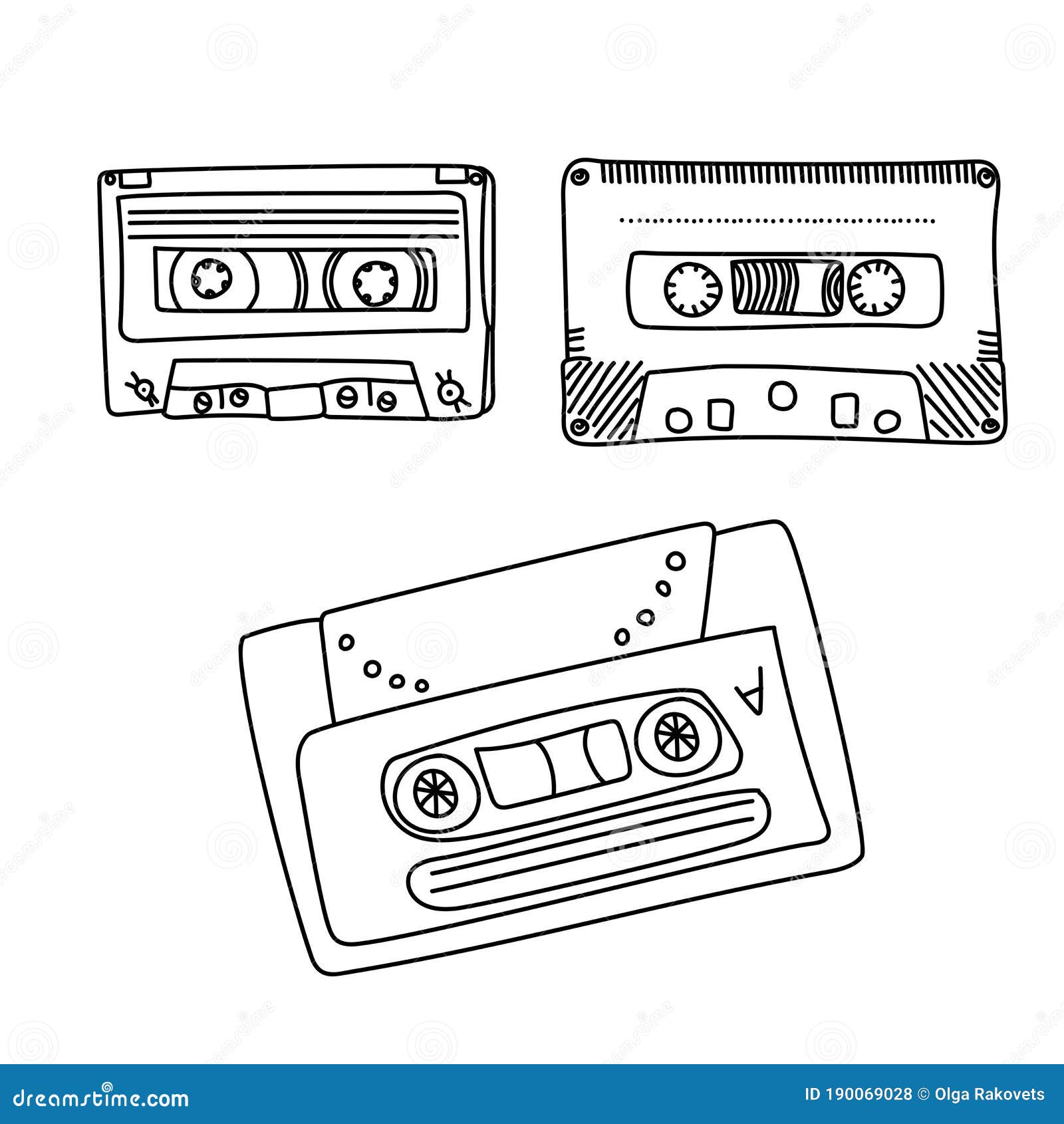 Set of Cassette Tape Outline, Elements for Cassette Recorder, Hand Draw ...