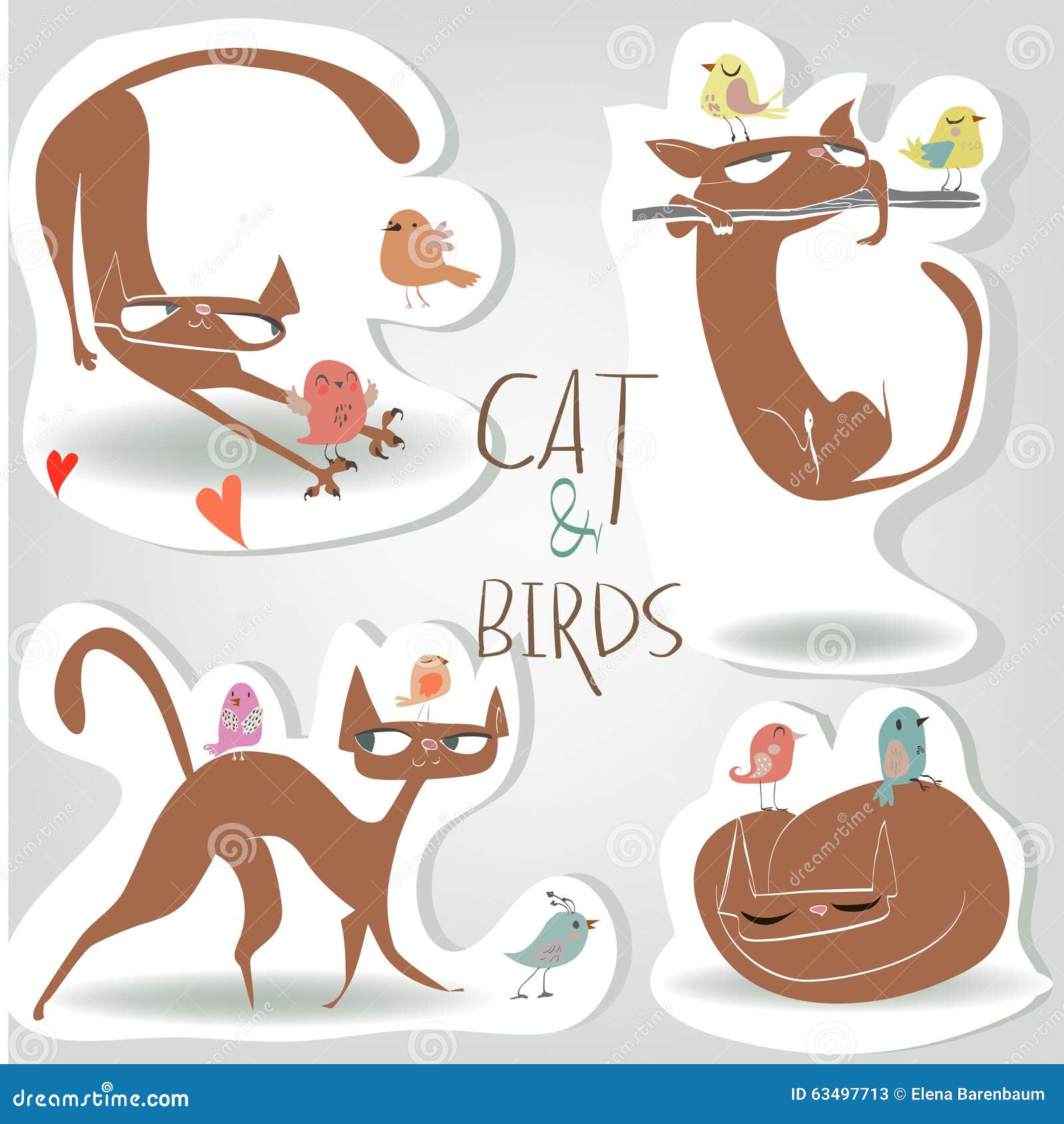 Set with cat and birds stock vector. Illustration of happiness - 63497713