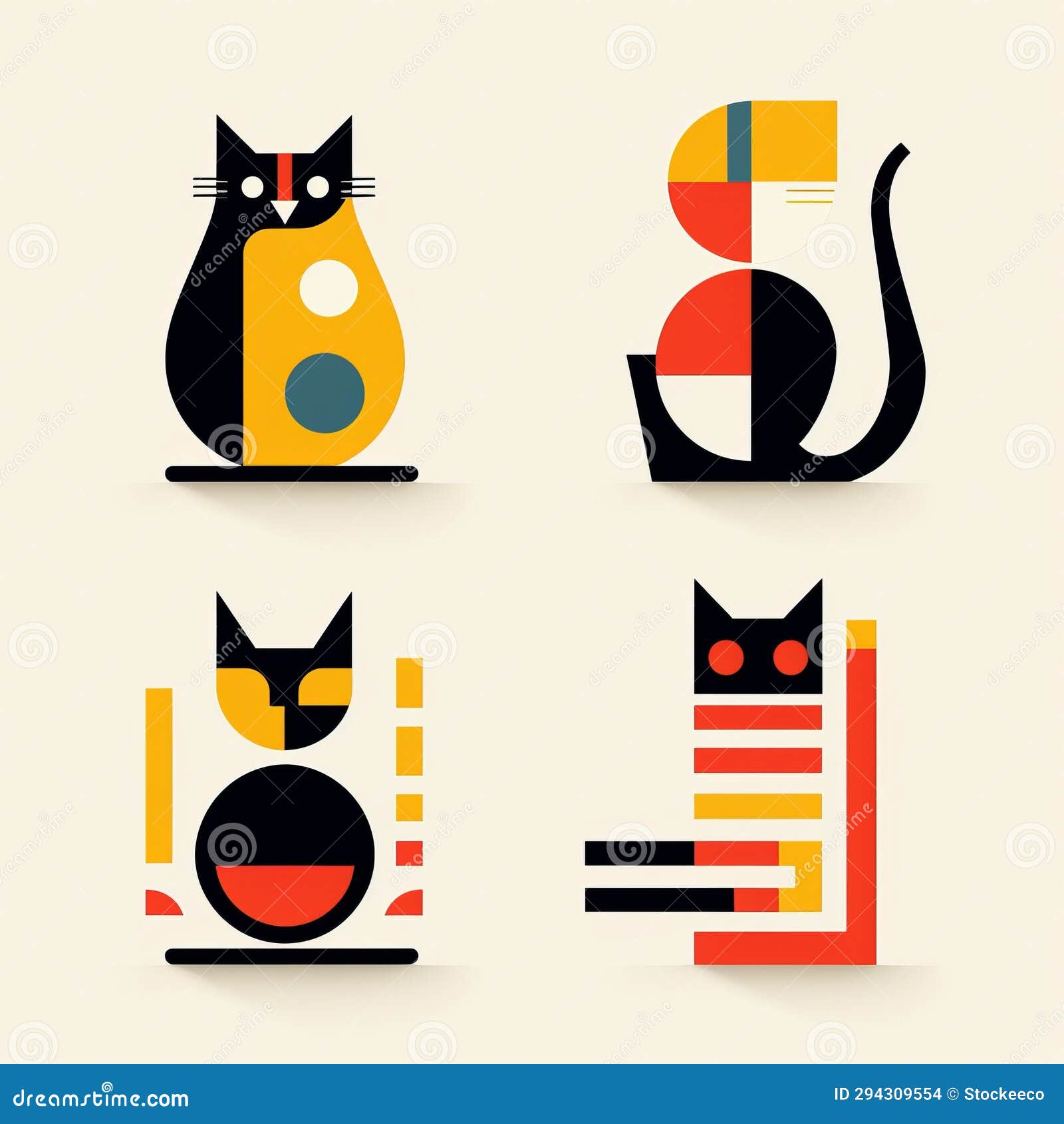 Vibrant Abstract Cat Logo Set in De Stijl Style Stock Illustration ...