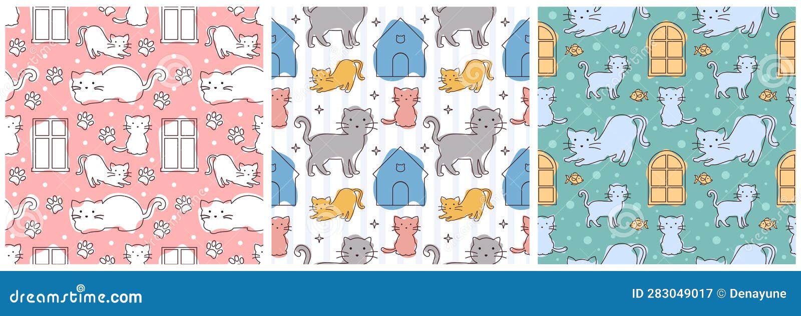 Set of Cats Animals Seamless Pattern Design with Cat Element in ...